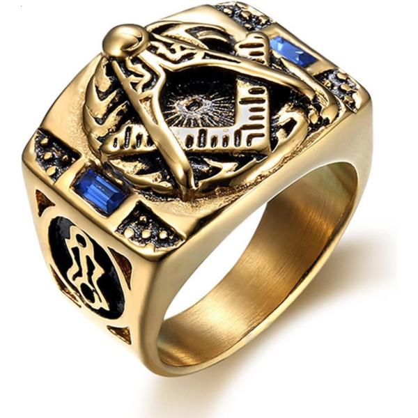 商品名メンズリング 18Kゴールドメッキリング メンズ フリーメイソンリング クールリング ヴィンテージチタンスチール メンズリングバンドリング ブルークリスタルシグネットリング ロックリング パンクリング, クリスタル。, 人工アメジスト...