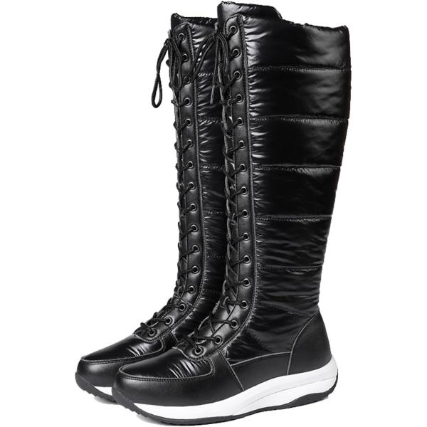 商品名Women's Mid Leather Boots Down Boots Wide Knee High Boot Fashion Winter Lace-up Boots Women Side Zip Boots Flat Casua...