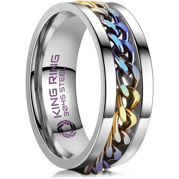 商品名King Ring 8mm スピナーリング   洗練されたフラットフィジットリング 男女兼用 キューバチェーン付き   アメリカでデザイン, 非貴金属, 宝石なしKing Ring 8mm Rainbow Spinner Ring  ...