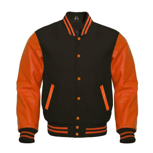 商品名:  Varsity Jacket Letterman Baseball Jacket Wool body and Cowhide Leather Sleeves 17 Color Options (Large, Black Oran...