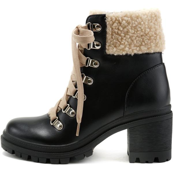 商品名Soda KEYNOTE ~ Women Chunky Lug Sole Faux Fur D-Ring Lace-up Fashion Combat Ankle Boot w/Side Zipper (8.5, BLACK PU, ...