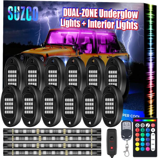 商品名SUZCO 12ポッド トラック LED RGB ネオン アンダーグローロック ホイールウェルライトキット デュアルゾーンインテリアライトキット APP/RF/IR付き 音楽同期 マルチカラーライト 防水 12V 車 ATV UTV ...