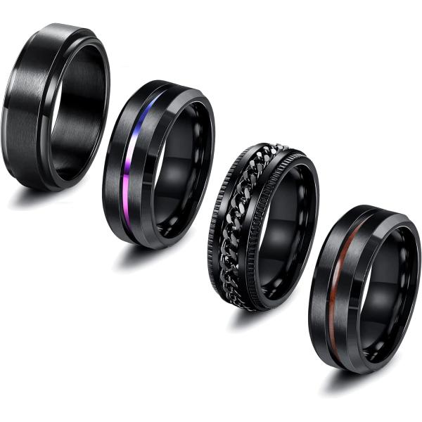 商品名THUNARAZ 4ピース フィジェットリング メンズ レディース 8mm 幅 ステンレススチール ブラック 不安リング スピナーバンド リング メンズ クール チェーン 斜めエッジ リングセット ウェディング プロミス ストレス緩和...