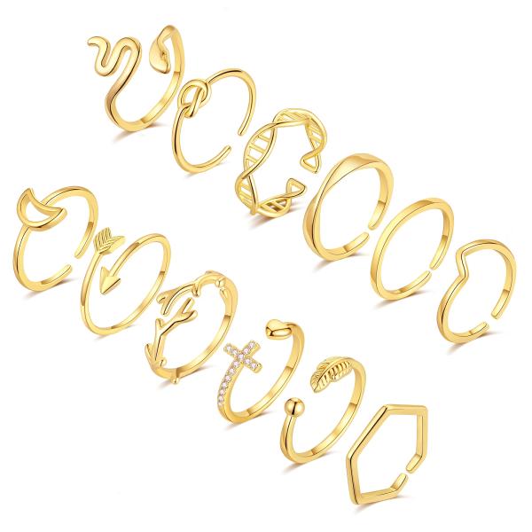 商品名: TOSGMY 12個 調節可能リング 女性用 14K ゴールドメッキ オープンリング ナックル スタッキングリング ティーンガールズ ゴールド シルバー スタッカブル リング ノット ウェーブ オープン リング セット, 宝石:,...