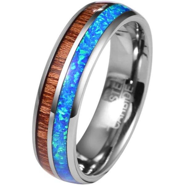 商品名Corato 6mm シルバータングステンリング メンズ レディース ハワイアン コアウッドとブルー人工オパールインレー ドーム型タングステン結婚指輪 快適フィット サイズ6~12, 7, 炭化タングステン。, 宝石なし。Corato...