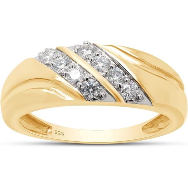 商品名SAVEARTH DIAMONDS 1/4 ct. t.w ラウンドカット 人工モアッサナイトダイヤモンド 2列 メンズウェディングバンドリング スターリングシルバーに14Kゴールド (G-Hカラー、VVS1クラリティ、0.25カラッ...