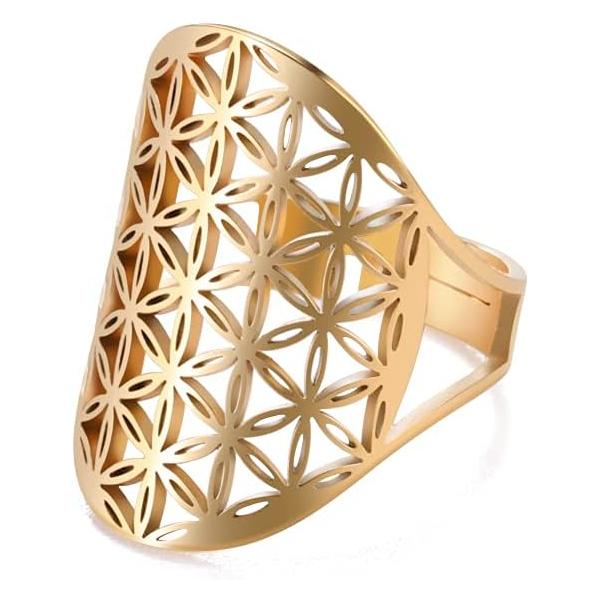 商品名Amaxer カットアウト フラワーオブライフ 曼荼羅リング レディース 聖なる幾何学リング ステートメント ステンレススチール くり抜き 調節可能なバンドリングジュエリー, ステンレススチール, 宝石なし。Amaxer Cutout...