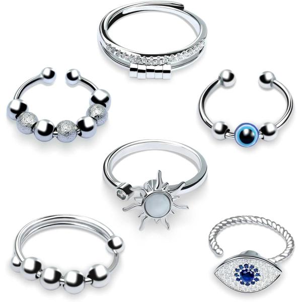商品名Landorilo 6PCS Fidget Rings Set for Anxiety for Women Men, Adjustable Open Silver Rings Spinner Rings Evil Eyes Ring ...