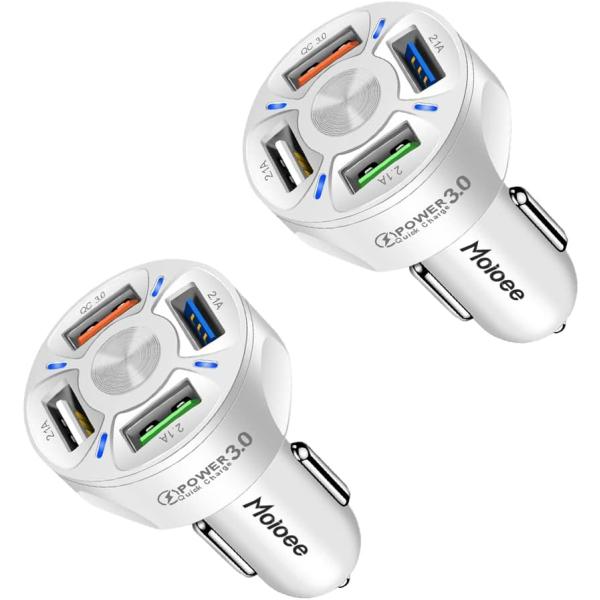 商品名2パック カーチャージャーアダプター、4ポート USB QC 3.0 高速電話充電器アダプター、32V 急速充電LEDライトディスプレイ、iPhone 13 Pro Max/12 Pro/11 Pro、カーアクセサリー(ホワイト)2P...