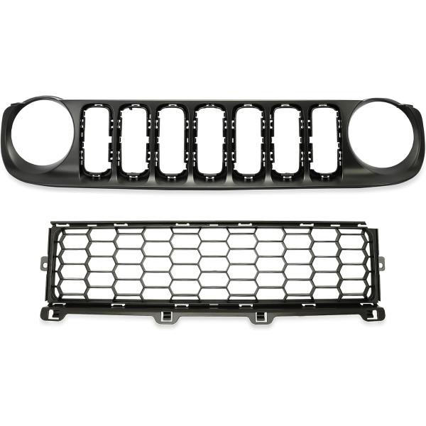商品名HECASA フロントグリル+下部グリル 2015-2018 Jeep Renegadeに対応 ブラック アッパー&amp;ロワーバンパーグリルHECASA Front Grille+Lower Grille Compatible w...