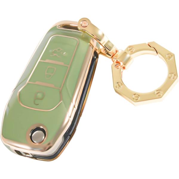 商品名フォードキーフォブカバーケースシェル ゴールドキーチェーン付き Ford F150 F250 Focus Escort Fusion Ranger, グリーン, Smallfor Ford Key Fob Cover Car Key ...