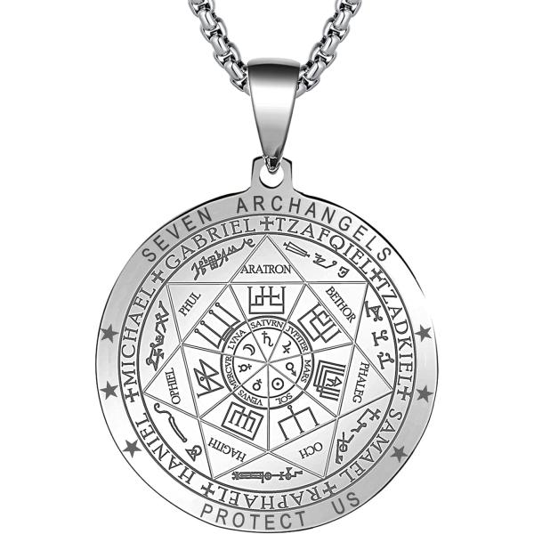 商品名FLYUN 7つの大天使 ペンダント ネックレス メンズ 七つの大天使 保護ネックレス メンズ スピリチュアルなお守り ジュエリー, ステンレス鋼, 宝石なし。FLYUN Seal of The 7 Archangels Pendan...