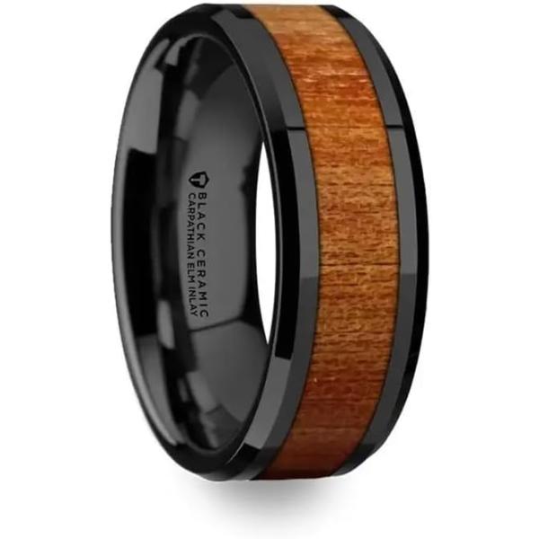 商品名Mens Black Ceramic Carpathian Wood Inlaid Wedding Ring - Beveled Comfort Fit - 8mm Wide - Style name: THRACIAN - Ring...