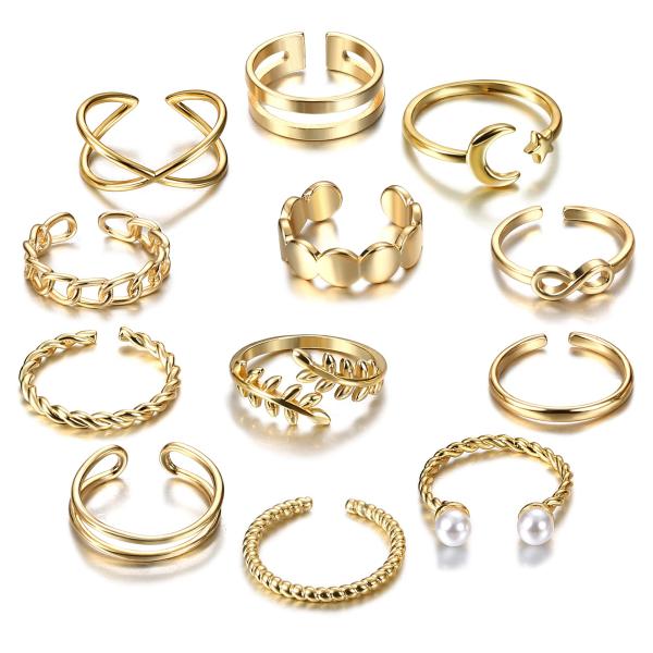 商品名: IRONBOX 12個 調節可能 ナックルリング 女性用 14K ゴールドメッキ スタッキングリング パック ウェーブ スター 月 華奢 親指 オープンリングセット, 銅, 銅 IRONBOX 12 Pcs Adjustable ...