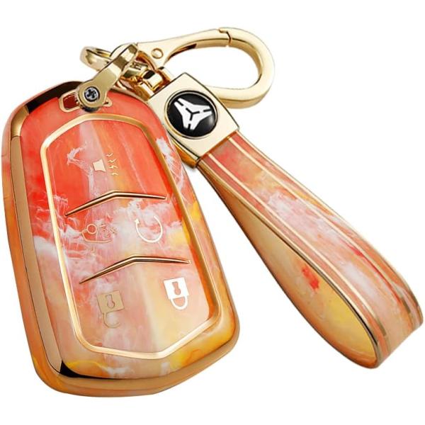 商品名ontto キャデラック対応 キーフォブカバー マーブル柄 キースキン ソフト TPU キーシェル オレンジontto Compatible with Cadillac Key Fob Cover Marble Pattern Key...