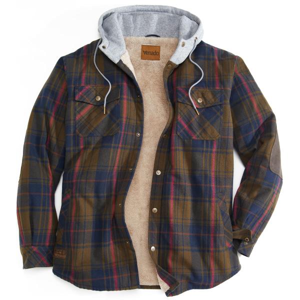 商品名:  Venado Men's Berber Lined Flannel Shirt Hooded Jacket with Snap Front Closure, Quilted Sleeves, Reinforced Elbow P...