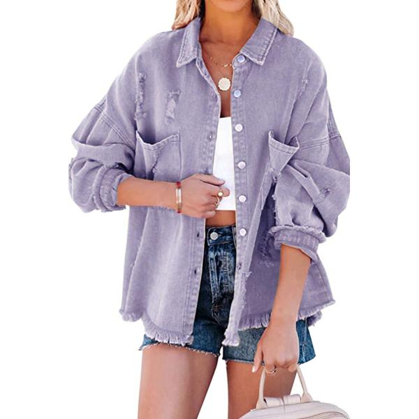 商品名:  Lumister Womens Causal Oversized Soft Lightweight Distressed Jean Jacket Ripped Fringe Long Sleeve Denim Jacket Sh...