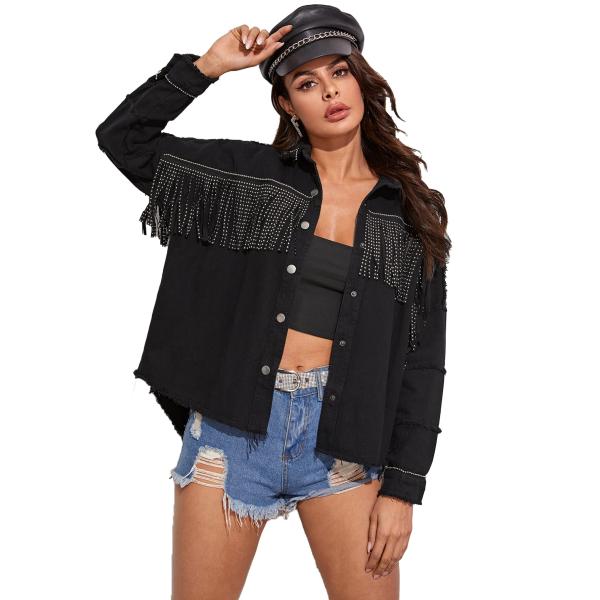 商品名:  Verdusa Women's Fringe Tassel Raw Hem Button Down Long Sleeve Denim Jacket Coat Black Sブランド: Verdusa商品サイズ: Small高さ...