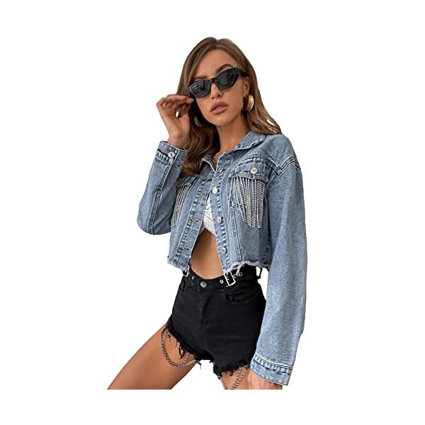 商品名:  Verdusa Women's Rhinestone Fringe Raw Hem Long Sleeve Crop Denim Jacket Coat Medium Wash Blue Mブランド: Verdusa商品サイズ:...
