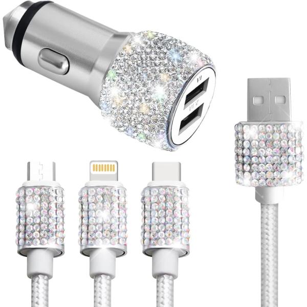 商品名Bling デュアルUSBカーチャージャー 3イン1マルチ高速充電ケーブル デュアルポート充電器アダプター Type CマイクロUSBコード付き iPhone/Android/ラインストーンカーインテリアアクセサリー 女性用 (ホワイ...