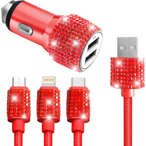 商品名Bling デュアルUSBカーチャージャー 3イン1マルチ高速充電ケーブル デュアルポート充電器アダプター Type CマイクロUSBコード付き iPhone/Android/ラインストーンカーインテリアアクセサリー 女性用 (レッド...