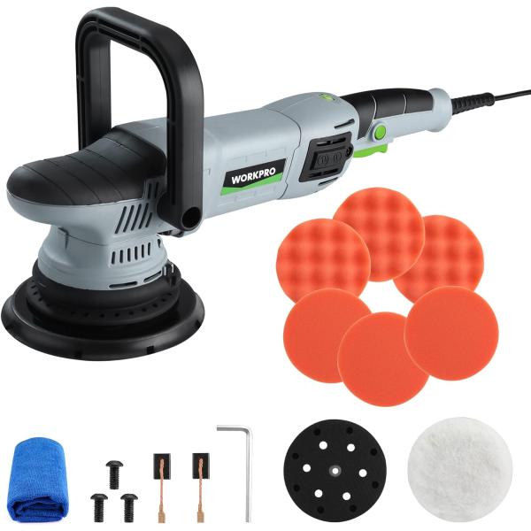 商品名WORKPRO バッファーポリッシャー 6インチ 1080W デュアルアクション ランダムオービタルポリッシュキット 車のディテール用 6段階変速DAポリッシャー バッキング/ウール/フォームパッド付き ワックス/バフ/研磨用タオルW...