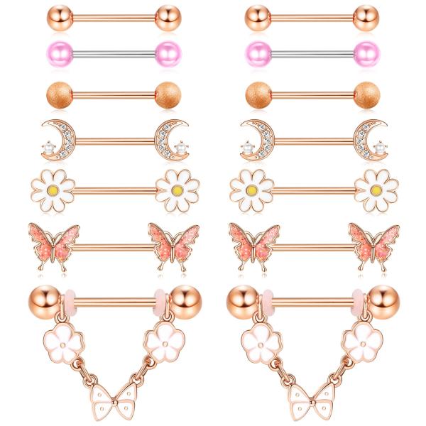 商品名: BESTEEL 14G ニップルリング レディース サージカルスチール ニップルピアス ジュエリー キュービックジルコニア バタフライ デイジー フラワーボール 舌 バーベル ボディピアスジュエリー 7組, ステンレス鋼, キュー...