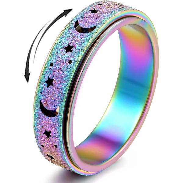 商品名OreilleStar Anxiety Ring for Women Fidget Spinner Rings Stainless Steel Fidget Rings for Women Men Moon Star Rainbow ...