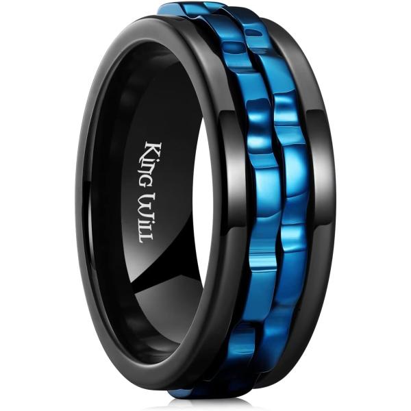 商品名King Will Mens Blue Gear Spinner Rings Stainless Steel Fidgets Two Black Gear Fidget Ring High Polish Anxiety Ring Fo...