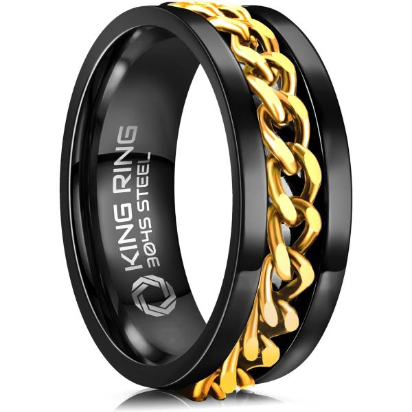 商品名King Ring 8mm Spinner Ring   Fine Polished Flat Fidget Ring for Men &amp; Women with Cuban Chain, Stainless Steel Rin...