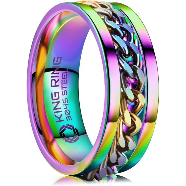 商品名King Ring 8mm Multicolor Spinner Ring   Fine Polished Flat Fidget Ring for Men &amp; Women with Cuban Chain, Rainbow ...