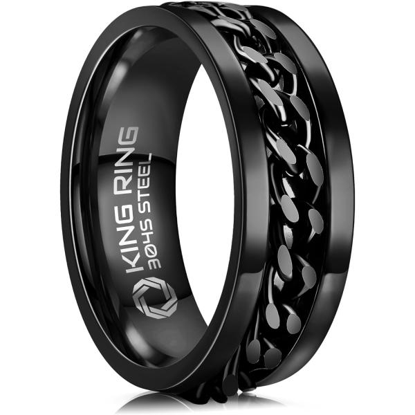 商品名King Ring 8mm スピナーリング   洗練されたフラットフィジットリング 男女兼用 キューバチェーン付き   アメリカでデザイン, 非貴金属, 宝石なしKing Ring 8mm Black Spinner Ring   F...