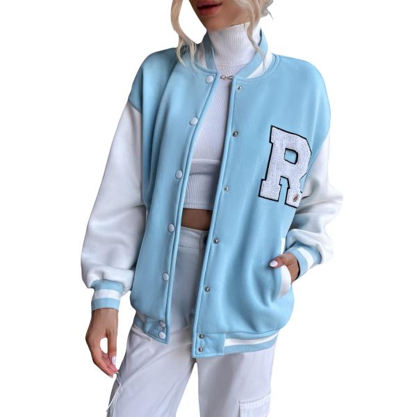 商品名:  WDIRARA Women's Letter Print Button Front Long Sleeve Bomber Jacket Casual Outerwear Blue and White Sブランド: WDIRARA...