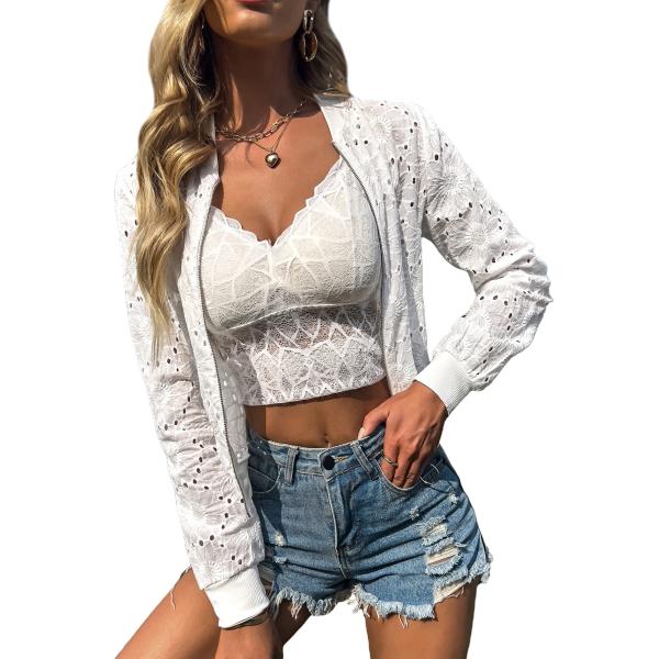 商品名:  OYOANGLE Women's Floral Zip Up Crop Bomber Jacket Embroidered Long Sleeve Stand Collar Coat White Mブランド: OYOANGLE商...