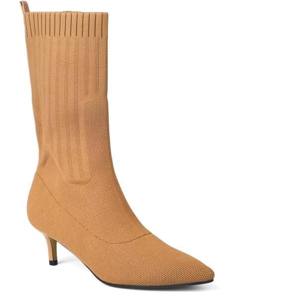 商品名ComeShun Comfort Slip On Booties Elastic Knit Upper Low Kitten Heel Mid Calf Boots Tan Size 8ブランド：ComeShun商品サイズ：8高さ：9...