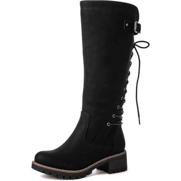 商品名GLOBALWIN Women's Lace Up Knee High Riding Combat Boots Comfortable Gothic Motorcycle Boots for Women with Zipper Chu...