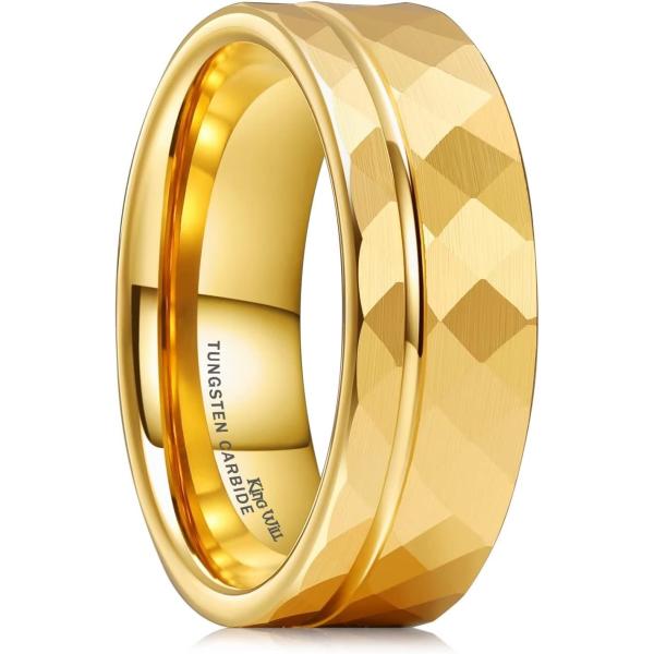 商品名King Will GLORY 8mm Gold Hammered Groove Tungsten Carbide Ring 14K Gold Pipe Cut Edge Thin Line Groove Multi-Faceted ...