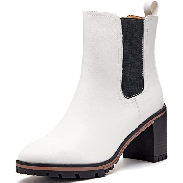 商品名LAICIGO Womens Chelsea Ankle Boots Slip on Chunky Block Mid Heel Leather Pointed Toe Lug Sole Elastic Panel Winter We...