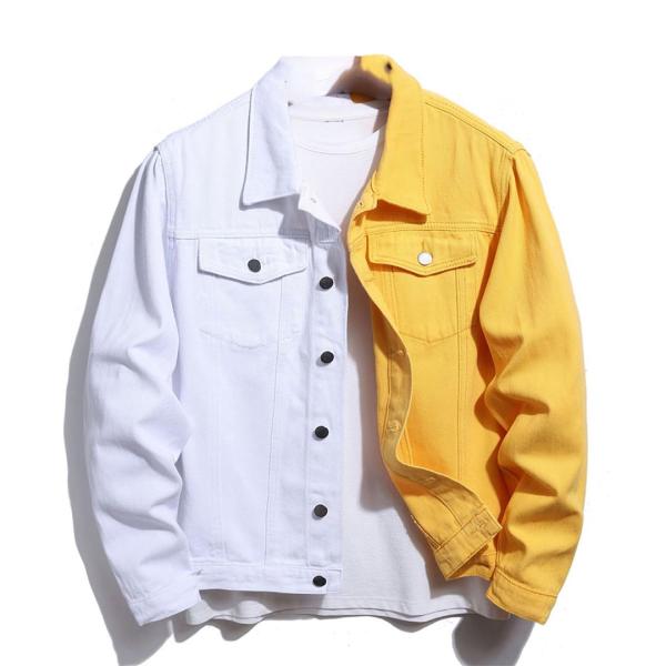 商品名:  Men Spliced Denim Jacket Trendy Patchwork Jean Coat Two Colors Top Outerwear White Yellow Mブランド: Generic商品サイズ: Med...