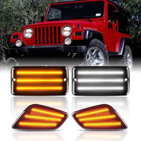 商品名Gempro LEDフェンダーサイドマーカーライト アンバー ホワイト バンパー ウィンカーランプキット 1997-2006 ラングラー TJ 55155629AC 55155628AC用 スモークレン4個Gempro Led Fen...