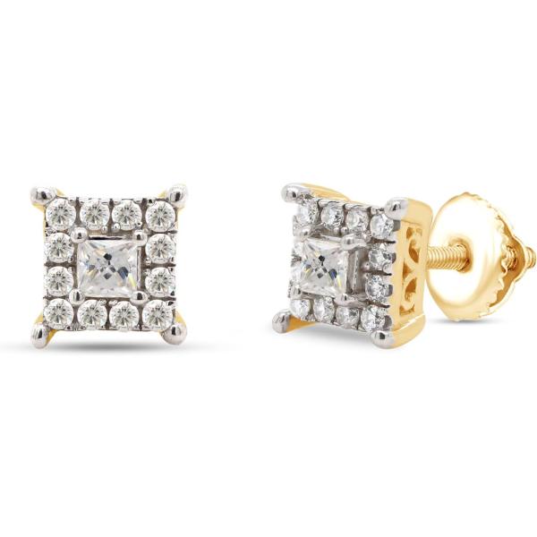 商品名SAVEARTH DIAMONDS 1/5 ct.t.w プリンセス&amp;ラウンドカット 人工モアッサナイト ダイヤモンド ヘイロー スタッド イヤリング 14Kゴールド スターリングシルバージュエリー 女性用 (G-H カラー ...