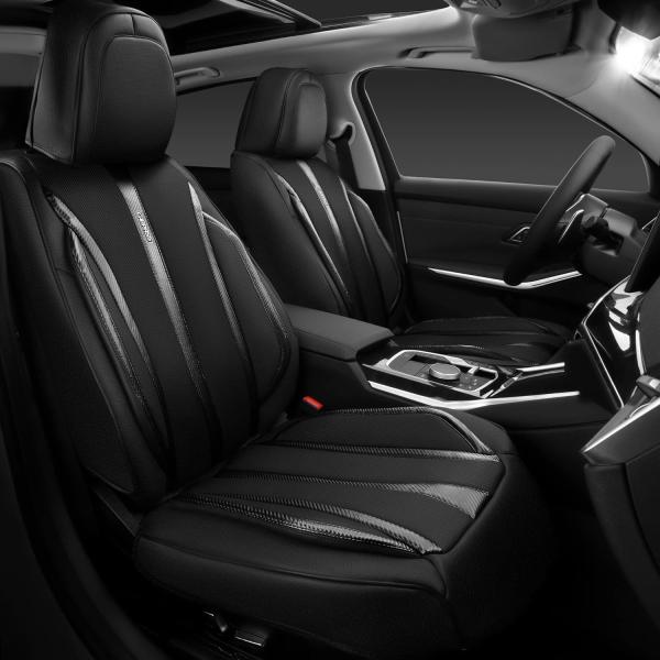 商品名CAR PASS カーボンファイバー&amp;ナッパレザー カーシートカバー フロントのみ クッションプロテクター ウエスト保護 ユニバーサルフィット 車 SUV トラック 自動車インテリア ブラックカーボンCAR PASS Carb...