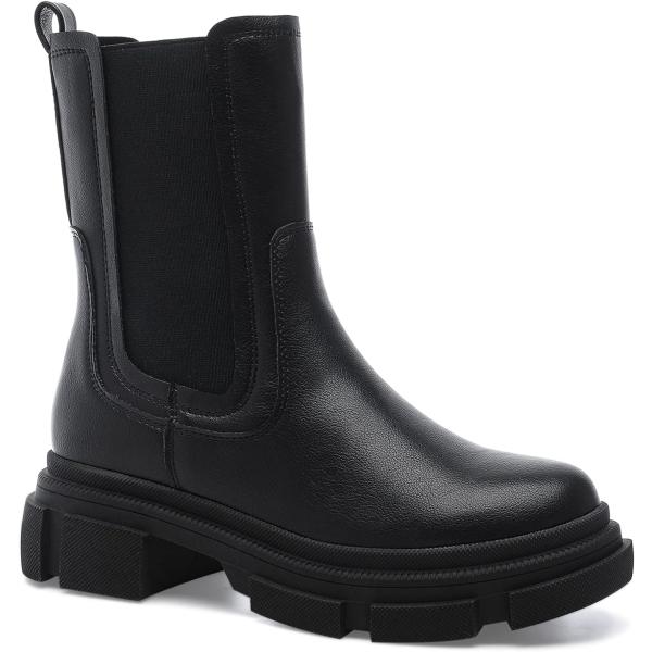 商品名YETIER Women Mid Calf Platform Chelsea Boots Lug Sole Elastic Leather Chunky Block Heel Non-Slip Combat Comfortable B...