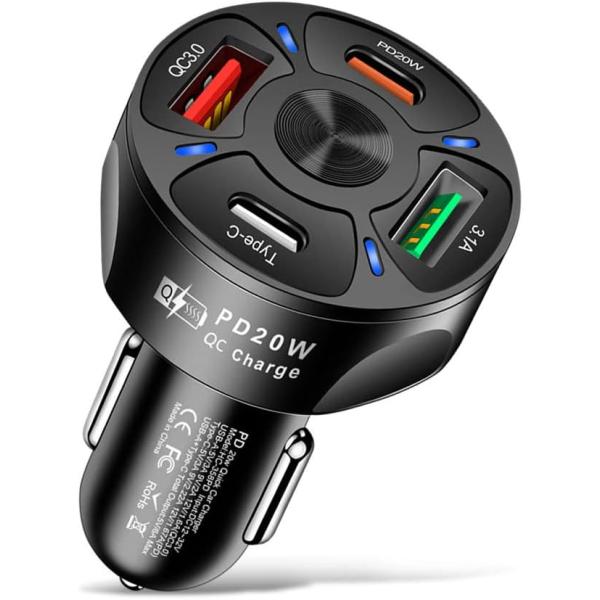 商品名車用充電器アダプター 4ポート USB高速車載充電器 QC3.0/PD20W/Type-C/2.1A Smart Shunt 車用携帯電話充電器 iPhone 14 13 12 Pro Max/すべてのスマートフォンに対応 (ブラック...