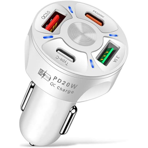商品名Car Charger Adapter,4 Ports USB Fast Car Charger QC3.0/PD20W/Type-c/2.1A, Smart Shunt Car Phone Charger Compatible iP...