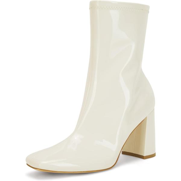 商品名Coutgo Womens Square Toe Gogo Boots High Chunky Heels Mid Calf Boots Patent Leather Ankle Booties Whiteブランド：Coutgo商品サ...