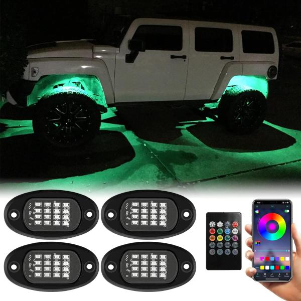 商品名SUNPIE Rock Lights, 4 Pods RGB LED Rock Lights Underglow kit with APP/Remote Control &amp; Music Mode, Waterproof Und...