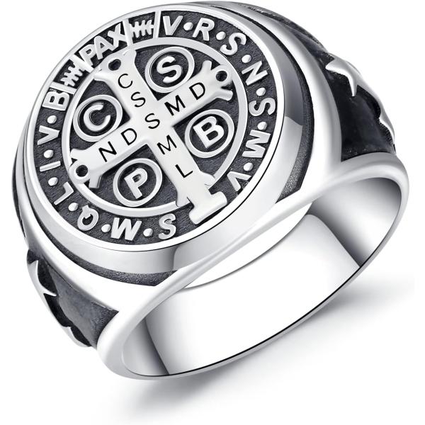 商品名Odinstone スターリングシルバー 聖ベネディクトリング 聖ベネディクト エクソシズムリング カトリック ローマ十字架 保護お守り ギフト 男性 男の子, 9, スターリングシルバー, 宝石なし。Odinstone Sterli...