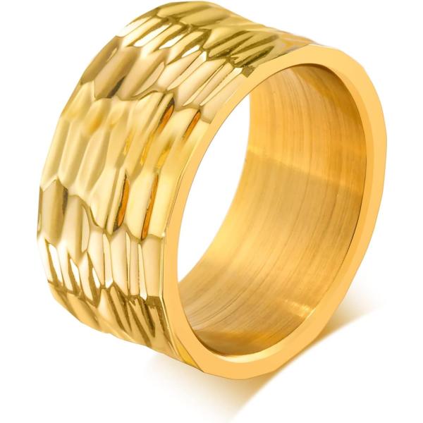 商品名Gamtic ゴールドバンドリング レディース - ステンレススチール 槌目リング サイズ7-9 明るいチャンキー結婚指輪 10mm クラシカルでシンプルなプレーンリング 男性用, 7, イエローゴールドメッキベース。, 宝石なしGo...