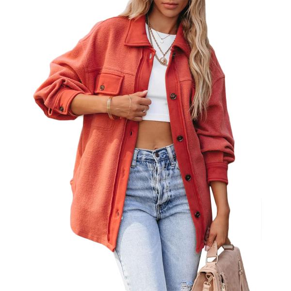 商品名:  Women Fleece Jakcets Pocketed Oversized Long Sleeve Button Down Shirts Coats Shacket Redブランド: Lunoakvo商品サイズ: Large...
